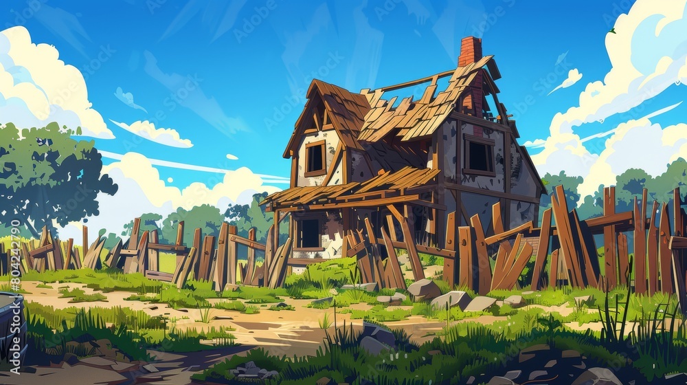 An abandoned old destroyed house with a damaged fence set against a ...