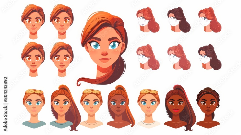 Modern cartoon illustration of female avatar design elements, including ...