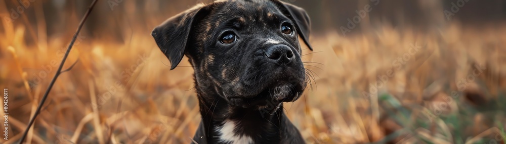 Cute puppy of Bandog breed, with serious face expression, white spot on ...