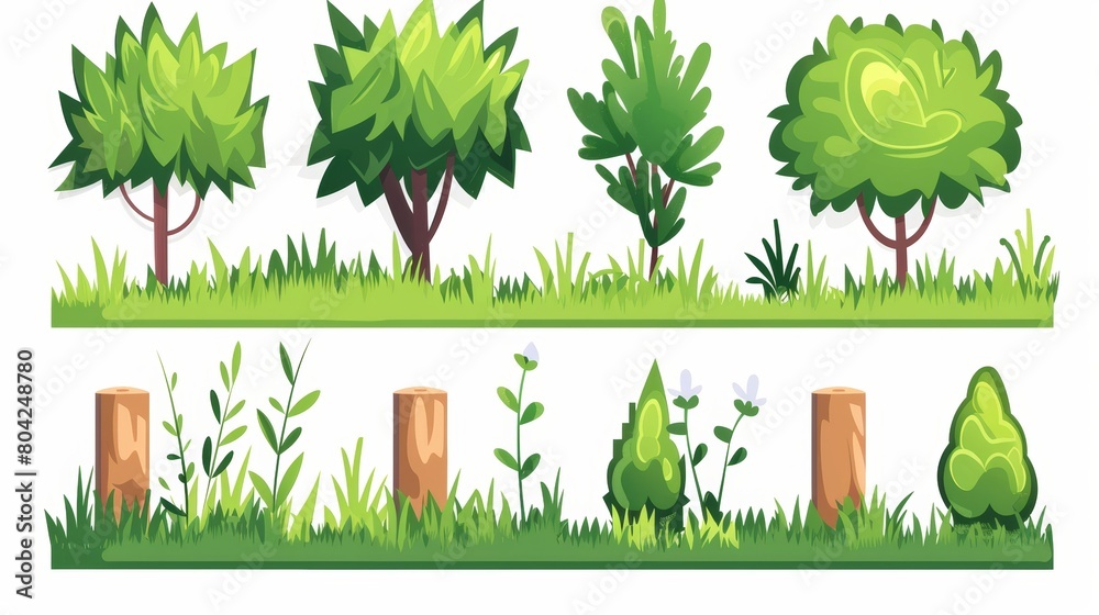 Border of green bush and grass cartoon illustration. Set of foliage ...