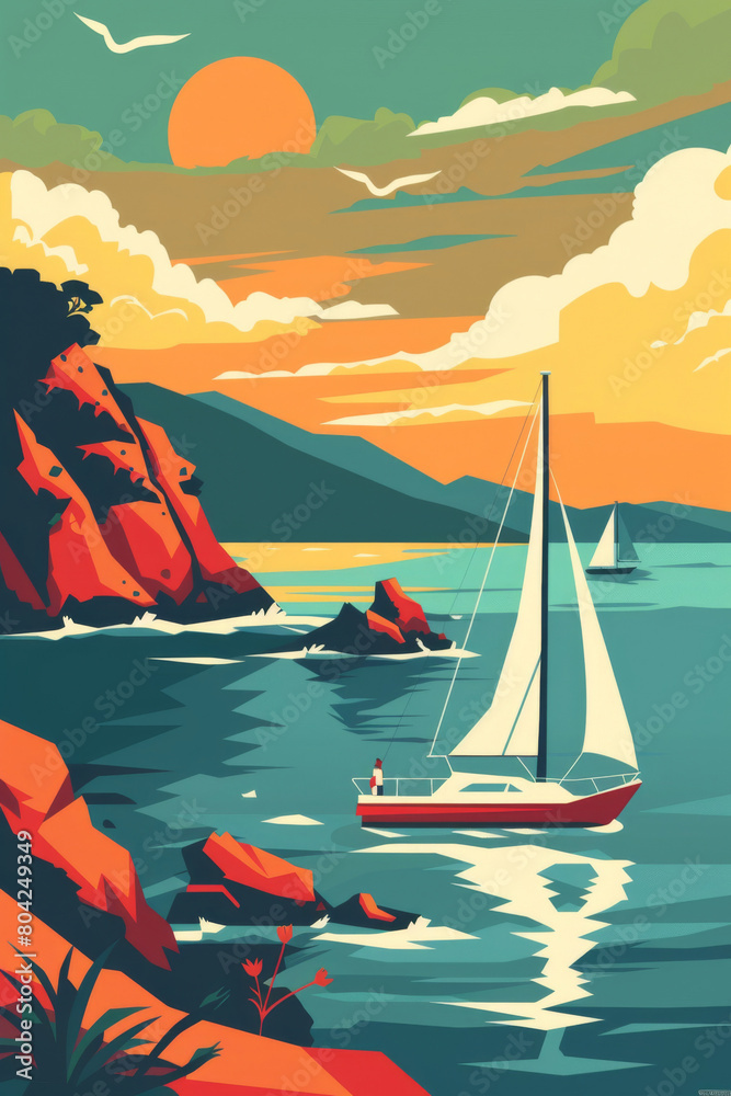 Stylized vintage nautical sunset illustration featuring a serene ...