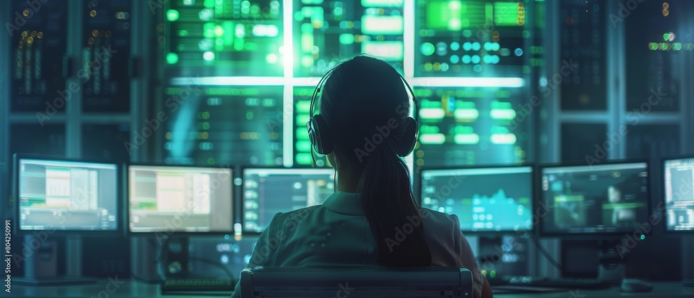 IT programmer working on desktop green mock-up screen in data center ...