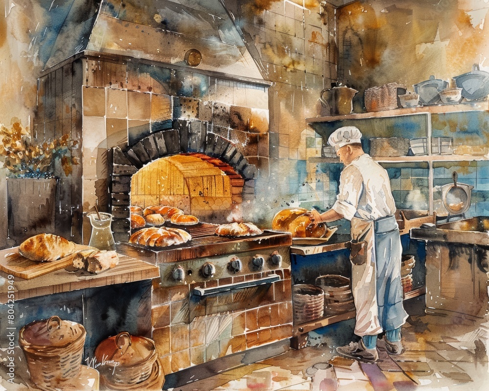 Cozy bakery scene with a vintage oven and baker pulling out steaming ...