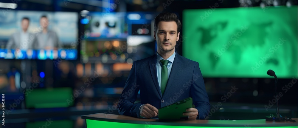 The Newsroom TV Studio Live News Program Features: Caucasian Male ...