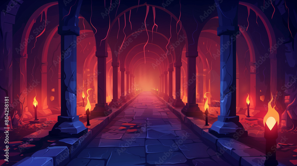 Cartoon illustration of Medieval castle underground endless long ...