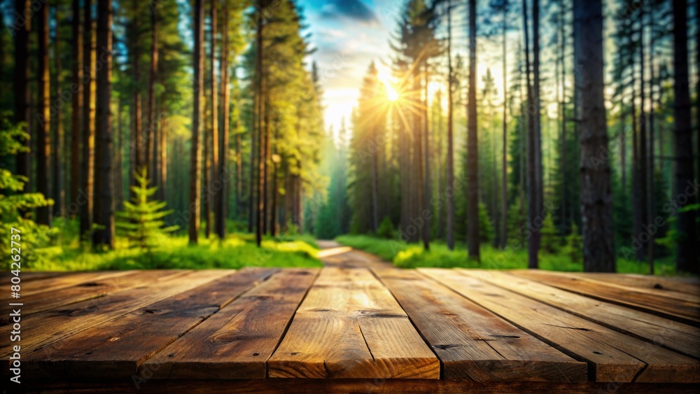 Beautiful blurred boreal forest background view with empty rustic ...