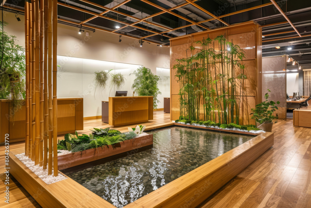 Contemporary office space embracing biophilic design with an indoor ...