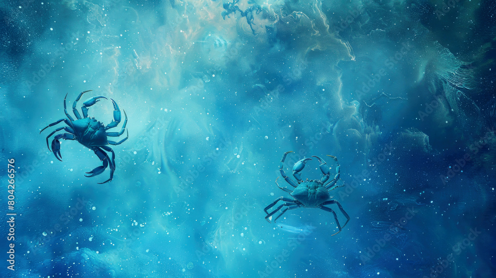 Crabs in outer-water space. Bright blue-aquamarine background with ...