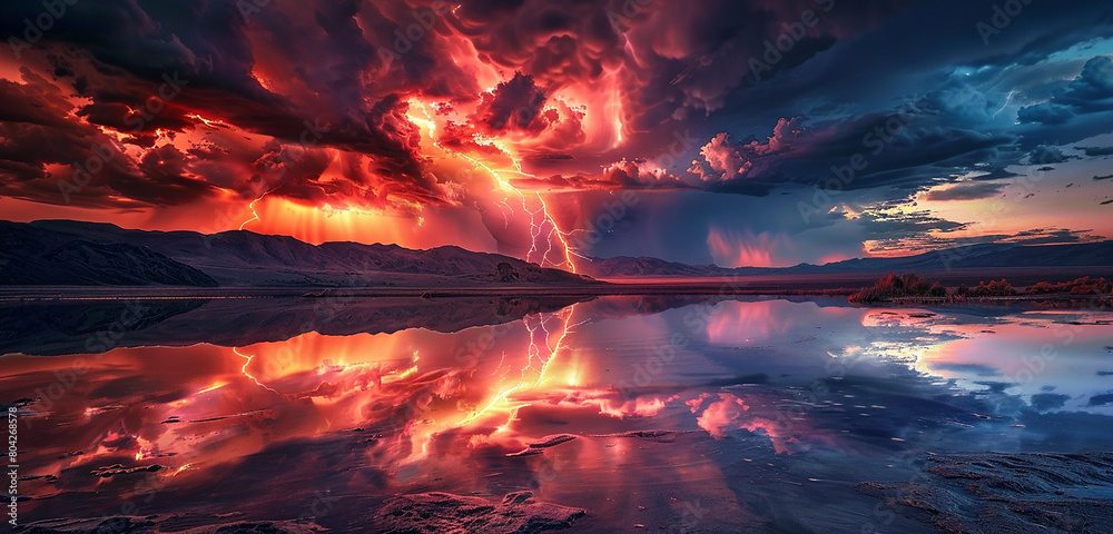 Fiery bolts of red lightning streaking across the heavens above a ...