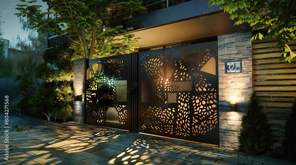 Modern entrance with a laser-cut metal gate and a backlit address sign ...
