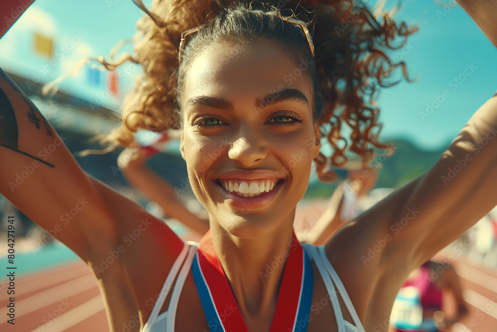 Female Olympic sprinter celebrating victory with arms raised. Joyful ...