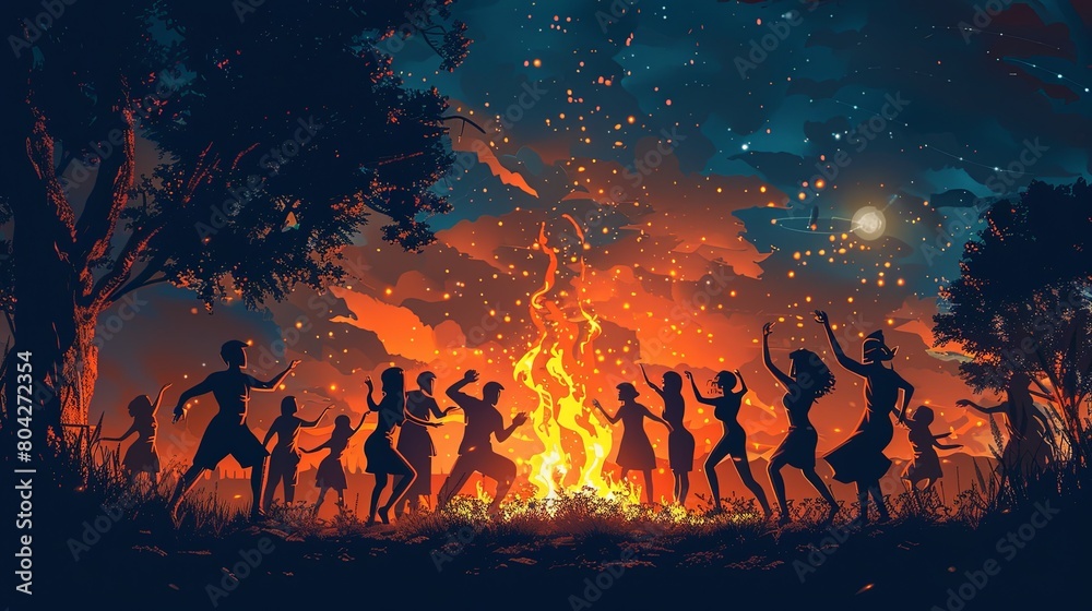 Cartoon illustration of people silhouettes dancing at party around fire ...