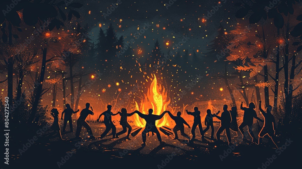 Cartoon illustration of people celebrating around a fire dancing ...