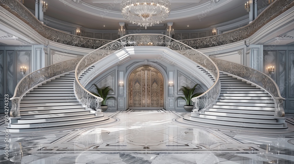 Opulent double staircase entrance with a grand chandelier and marble ...