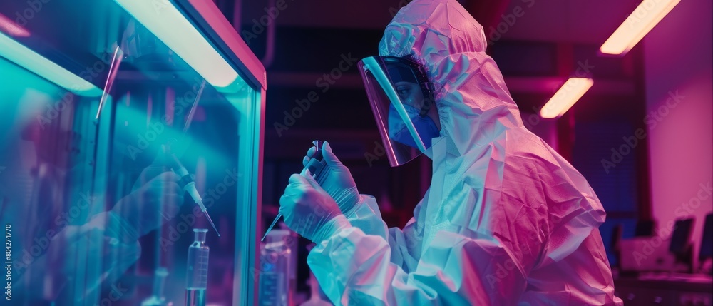 Virology research scientist wearing hazmat suit with mask works in ...