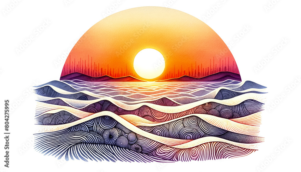 Colorful abstract illustration of a stylized sunrise over textured ...