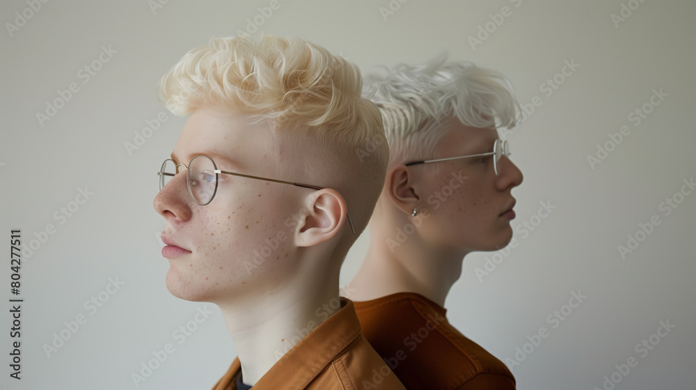 Two albino young men with glasses and short hair pose for a photo shoot ...