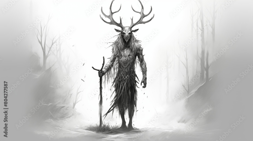 Black and White Illustration of a Wendigo on a White Background Stock ...