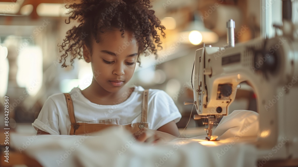 8 years old child studying work with sewing machine. Little girl ...