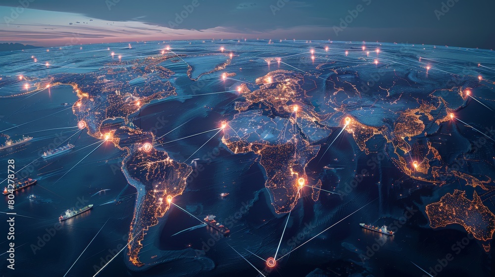 Abstract visualization of global trade with interconnected world map ...