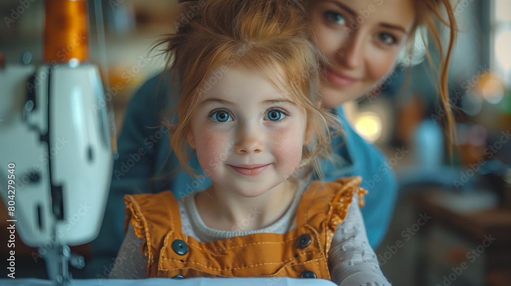 5 years old child studying work with sewing machine with mother. Little ...