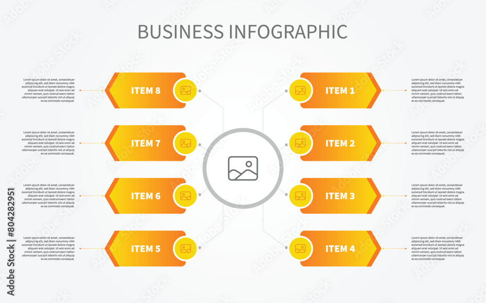 8 business infographics with dummy icons, headings, and paragraphs with ...