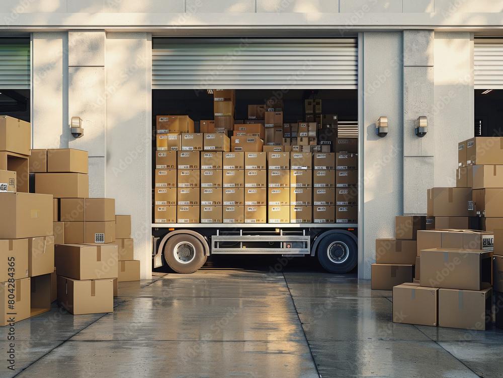 An expansive warehouse with open doors revealing stacks of neatly ...