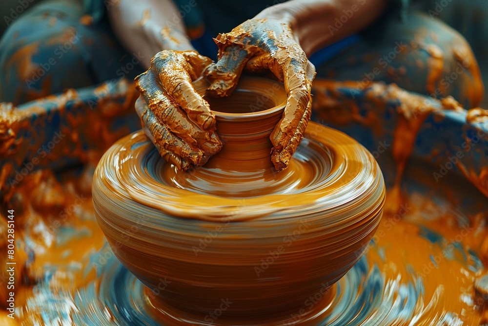 Hands skillfully shaping a clay pot on a spinning wheel, showcasing the ...