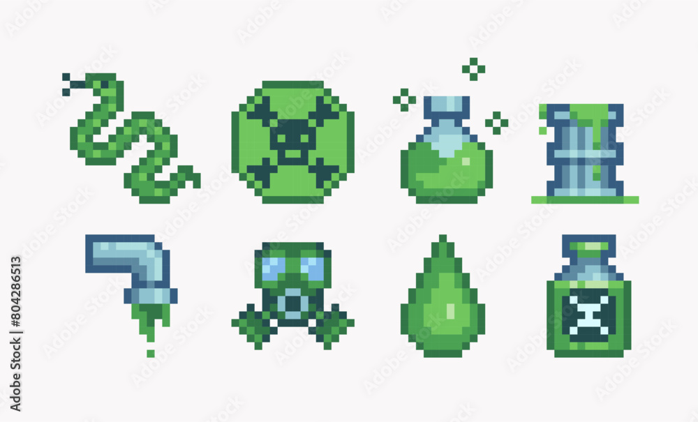 Toxic, poisonous icons pixel art set. Contaminated waste collection ...