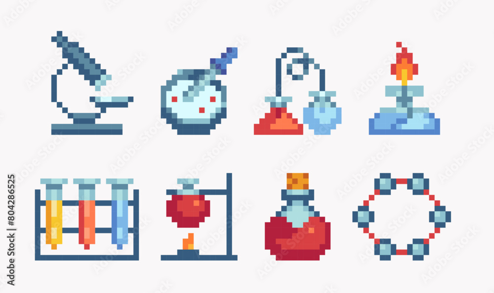 Chemistry icons pixel art set. Laboratory, biological equipment ...