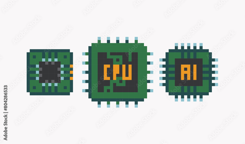 Computer chip pixel art set. CPU, AI microchip collection. Electric circuit 8 bit. Game ...