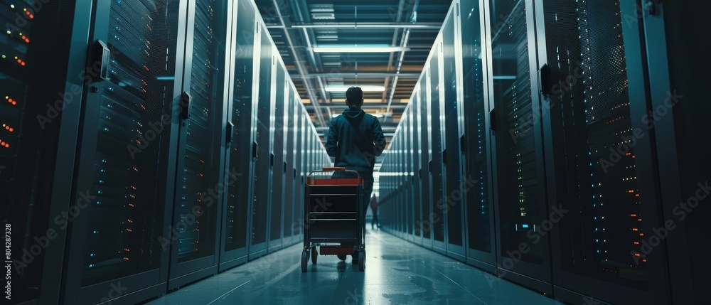 A modern data center: IT technician pushes a cart between rows of ...
