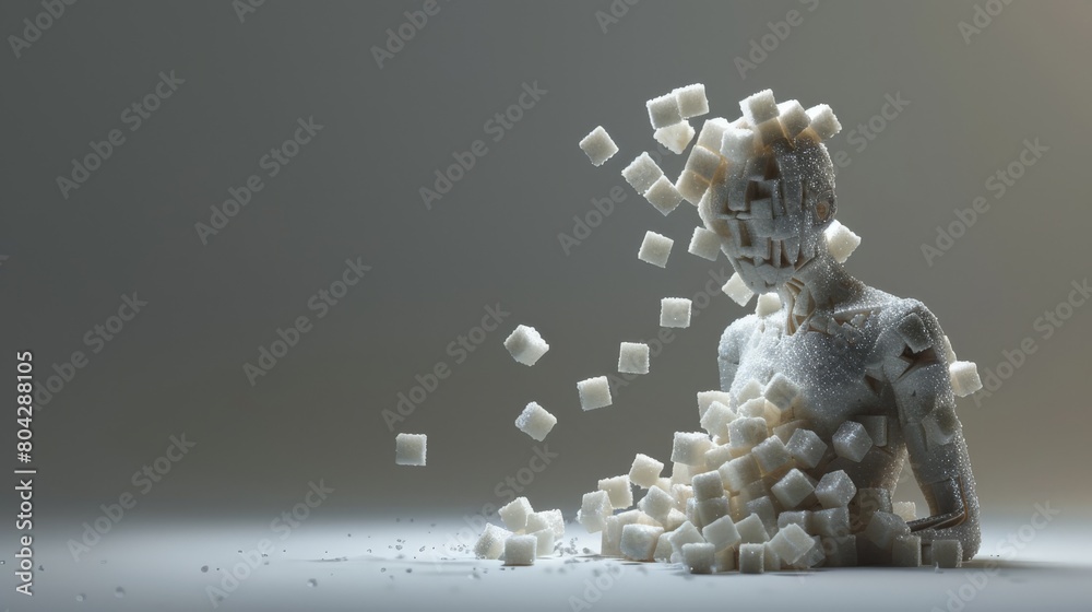 Figure made of sugar cubes disintegrating, symbolizing sugar's impact ...