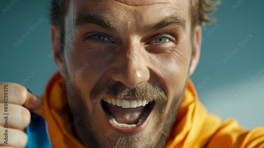 Emotional male sprinter celebrating his victory with a shout ...