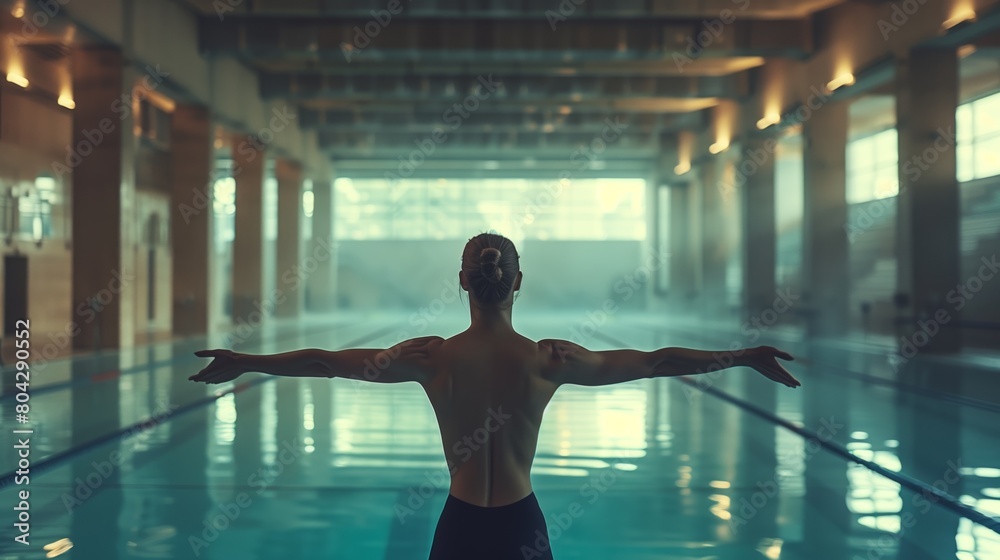 Silhouette of a man person at the swimming pool. The Man stand Under ...