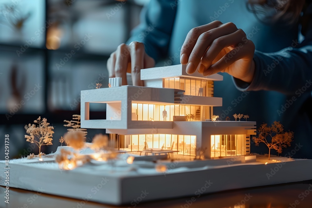 Architect Student Constructing Detailed Architectural Model at Night in ...