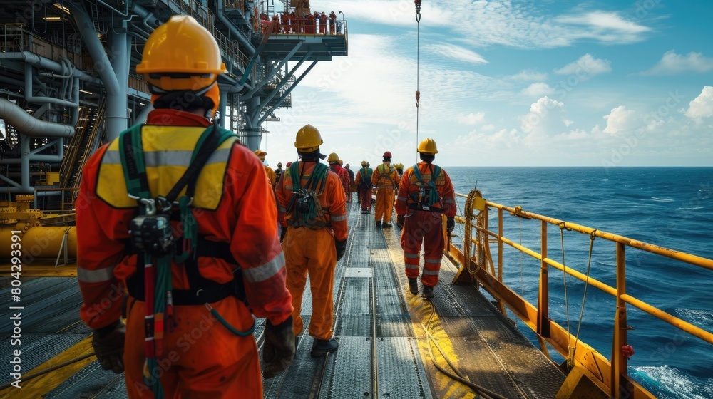Oil workers, wearing helmets and personal protective equipment, stand ...