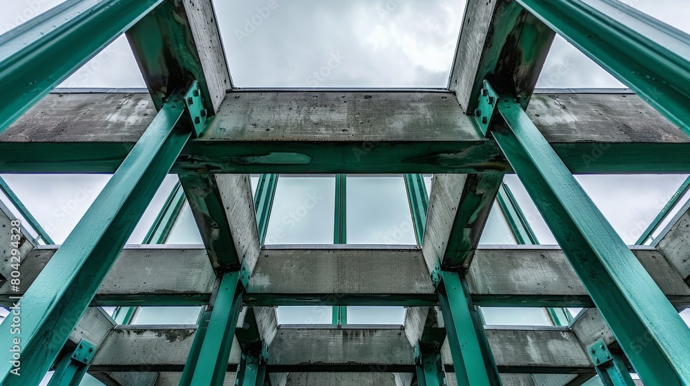 Abstract architecture in green gray. Metal structure of a tower. Stock ...