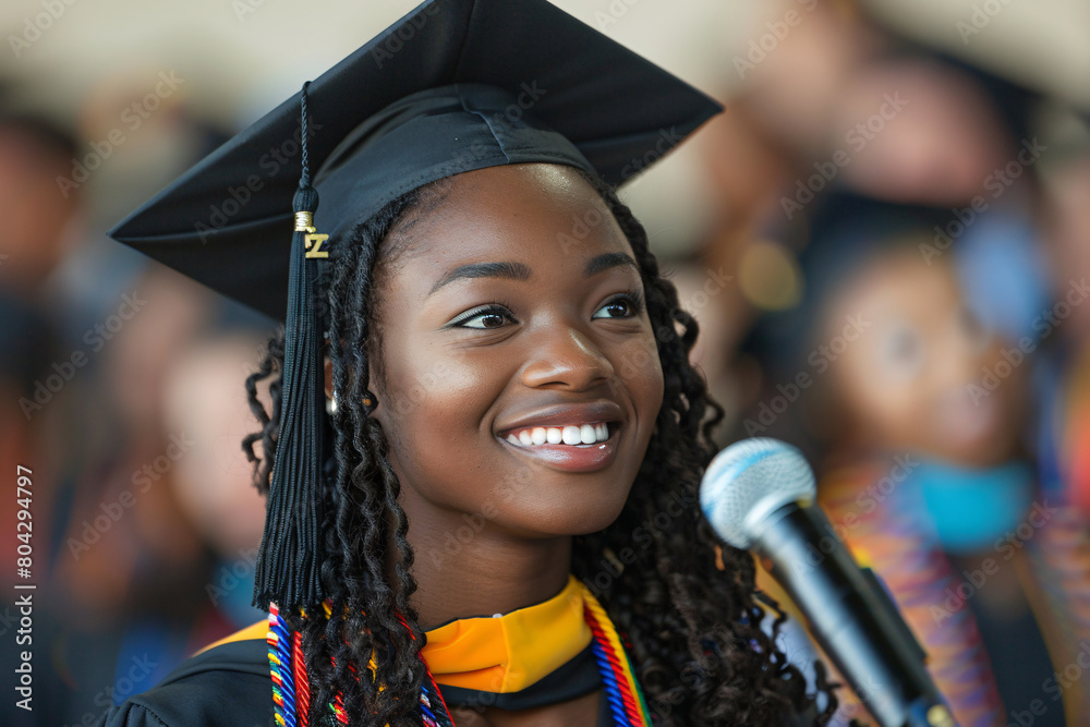 A young black female valedictorian giving a college graduation speech ...