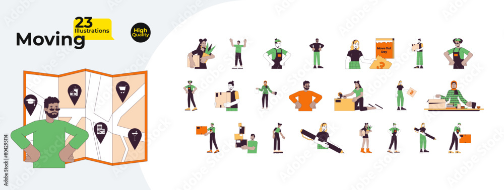 Packing moving house line cartoon flat illustration bundle. Holding ...