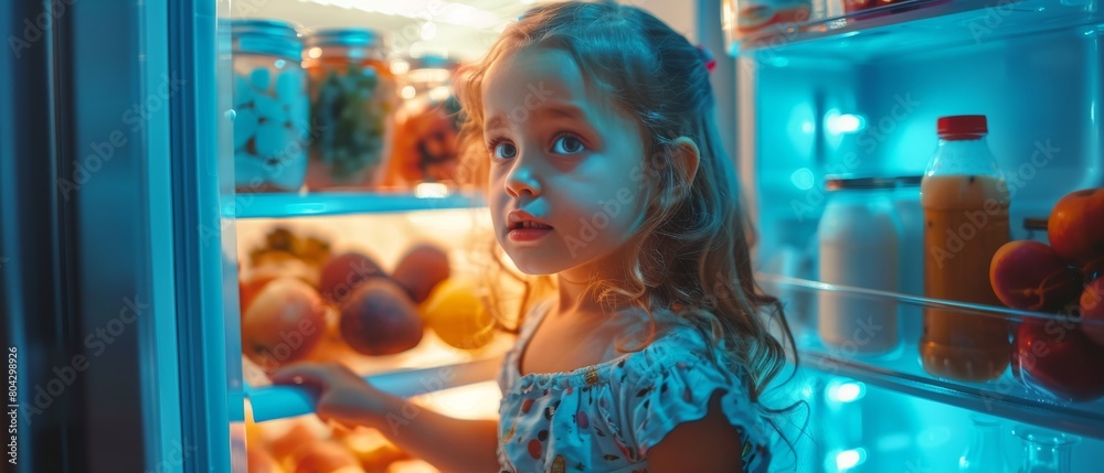 Little girl open the fridge door, opens it, and takes out healthy ...