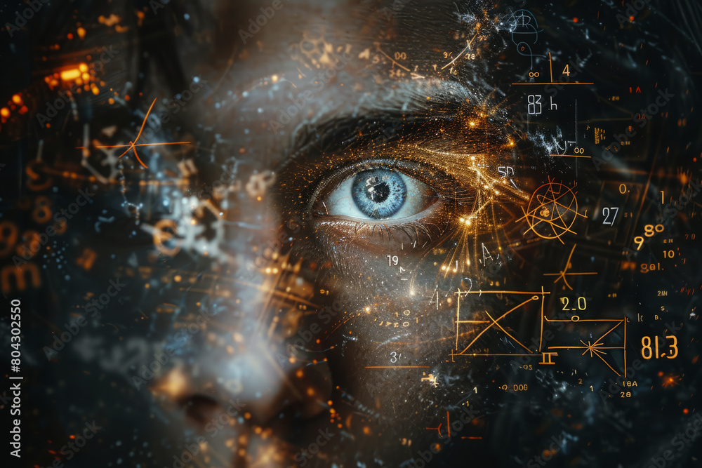 Concentrated and focused man with various math symbols and digits ...