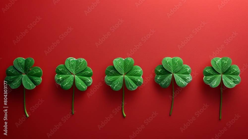 Ultra-detailed image of five green tree-leaf clovers lined up on a ...