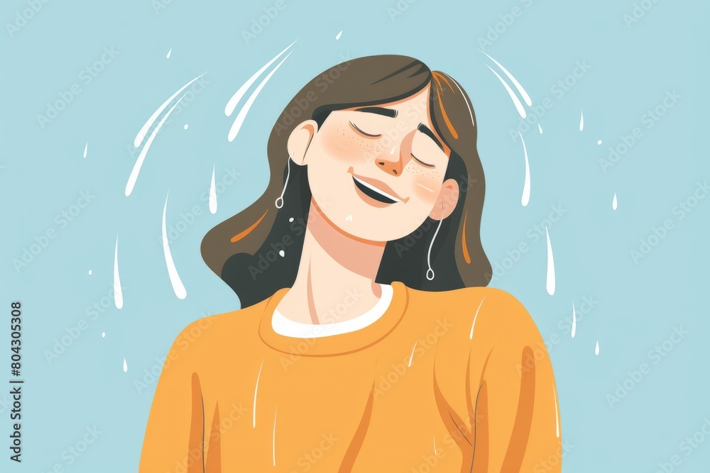 A woman is standing upright with her eyes closed, experiencing the ...