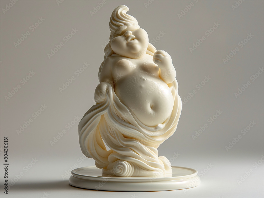 Side Profile View Of A Chubby Human Shaped Ice Cream Standing Upright On A Clean White Platter