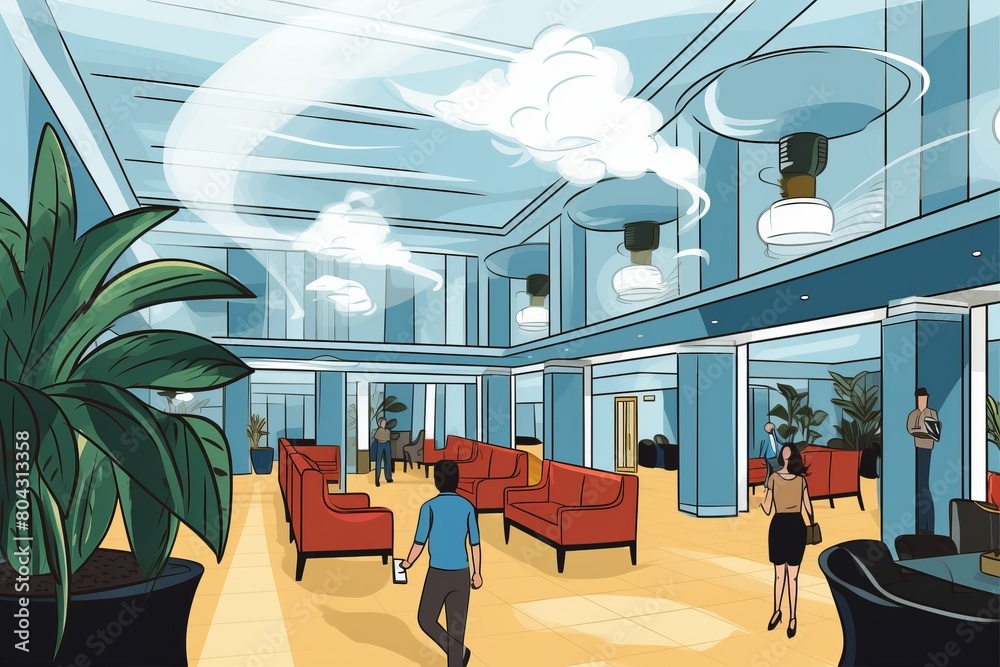 Smoke detectors activating in a hotel lobby, prompting guests to ...