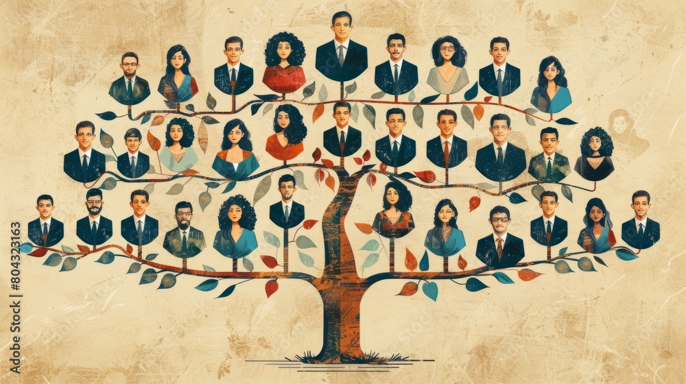 An illustration of a family tree with portraits of people of different ...