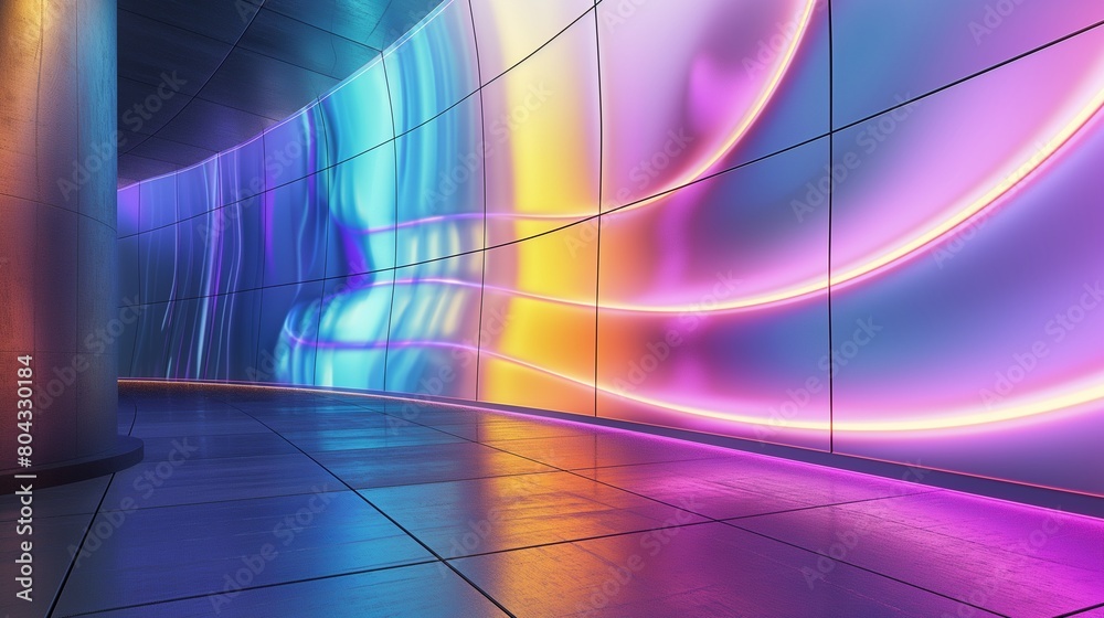 A sleek, futuristic wall featuring a seamless, holographic material ...