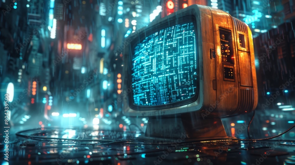 Artistic rendering of a 90s computer floating in a cyber space with ...