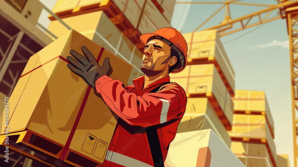 High-detail depiction of a construction worker lifting heavy materials ...